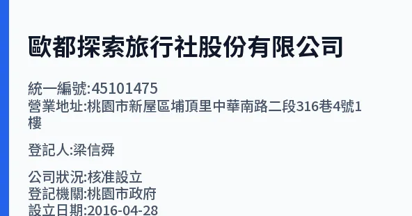 歐都探索旅行社股份有限公司的照片-統編 45101475(桃園市) 公司登記資料與營業項目詳細圖表
