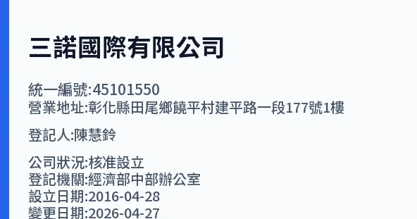 三諾國際有限公司的照片-統編 45101550(彰化縣) 公司登記資料與營業項目詳細圖表