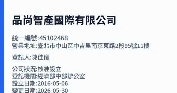 品尚智產國際有限公司的照片-統編 45102468(臺北市) 公司登記資料與營業項目詳細圖表