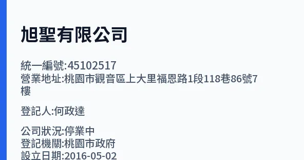 旭聖有限公司的照片-統編 45102517(桃園市) 公司登記資料與營業項目詳細圖表