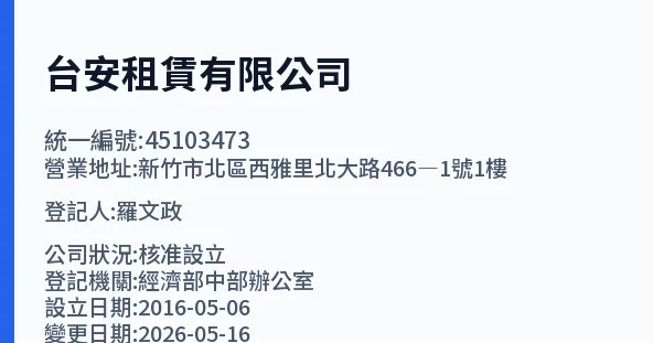 台安租賃有限公司的照片-統編 45103473(新竹市) 公司登記資料與營業項目詳細圖表
