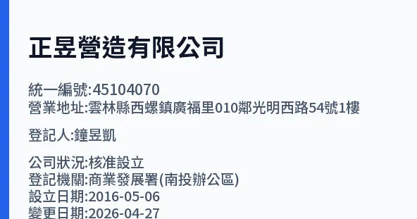 正昱營造有限公司的照片-統編 45104070(雲林縣) 公司登記資料與營業項目詳細圖表