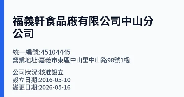福義軒食品廠有限公司中山分公司的照片-統編 45104445(嘉義市) 公司登記資料與營業項目詳細圖表