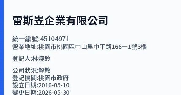 雷斯岦企業有限公司的照片-統編 45104971(桃園市) 公司登記資料與營業項目詳細圖表