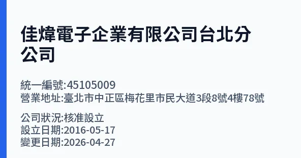 佳煒電子企業有限公司台北分公司的照片-統編 45105009(臺北市) 公司登記資料與營業項目詳細圖表