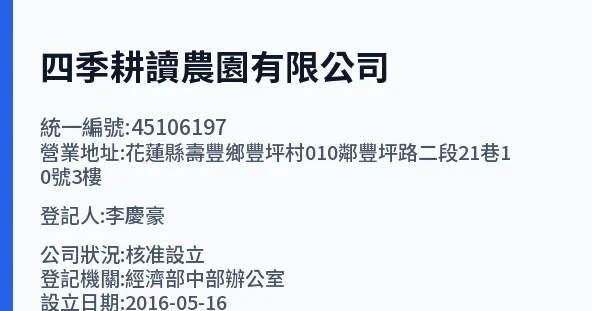 四季耕讀農園有限公司的照片-統編 45106197(花蓮縣) 公司登記資料與營業項目詳細圖表