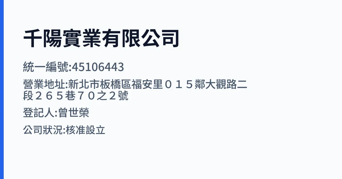 千陽實業有限公司 - 統編 45106443(新北市) 公司登記資料與營業項目詳細圖表