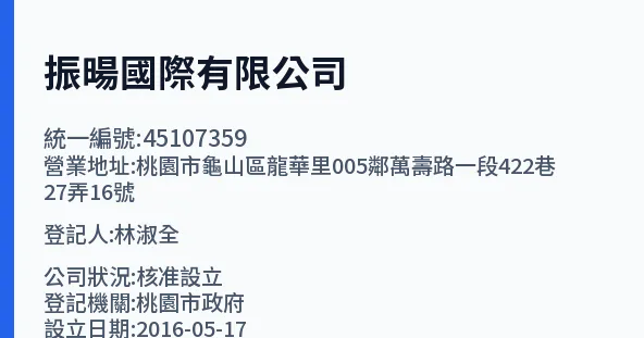 振暘國際有限公司的照片-統編 45107359(桃園市) 公司登記資料與營業項目詳細圖表