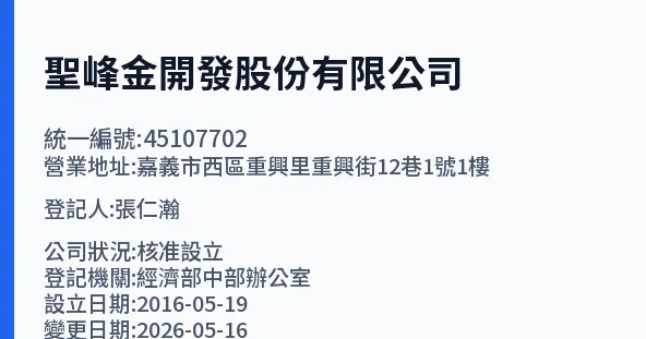 聖峰金開發股份有限公司的照片-統編 45107702(嘉義市) 公司登記資料與營業項目詳細圖表