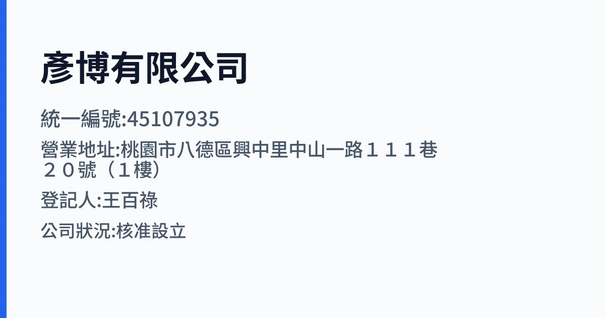 彥博有限公司 - 統編 45107935(桃園市) 公司登記資料與營業項目詳細圖表