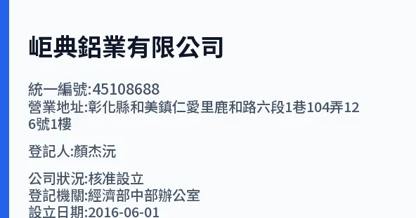 岠典鋁業有限公司的照片-統編 45108688(彰化縣) 公司登記資料與營業項目詳細圖表