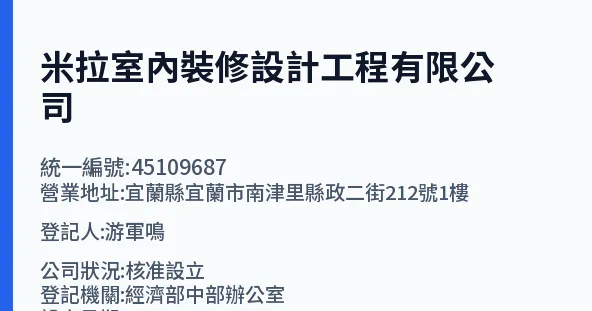 米拉室內裝修設計工程有限公司的照片-統編 45109687(宜蘭縣) 公司登記資料與營業項目詳細圖表