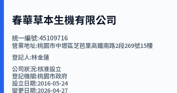 春華草本生機有限公司的照片-統編 45109716(桃園市) 公司登記資料與營業項目詳細圖表