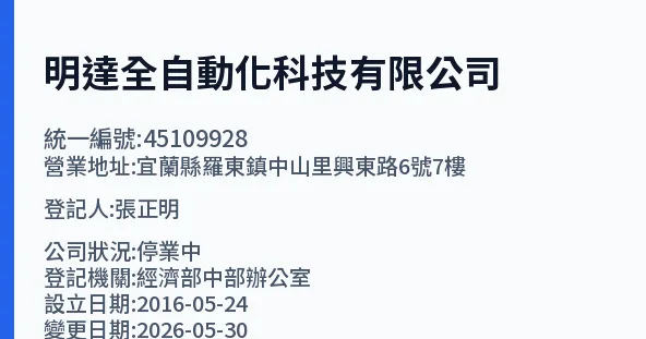 明達全自動化科技有限公司的照片-統編 45109928(宜蘭縣) 公司登記資料與營業項目詳細圖表