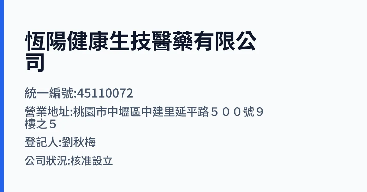 恆陽健康生技醫藥有限公司 - 統編 45110072(桃園市) 公司登記資料與營業項目詳細圖表