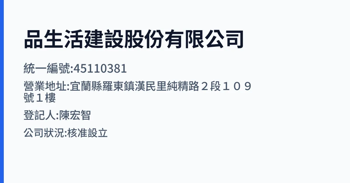 品生活建設股份有限公司 - 統編 45110381（宜蘭縣） 公司登記資料與營業項目詳細圖表