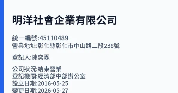 明洋社會企業有限公司的照片-統編 45110489(彰化縣) 公司登記資料與營業項目詳細圖表