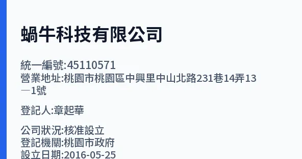 蝸牛科技有限公司的照片-統編 45110571(桃園市) 公司登記資料與營業項目詳細圖表
