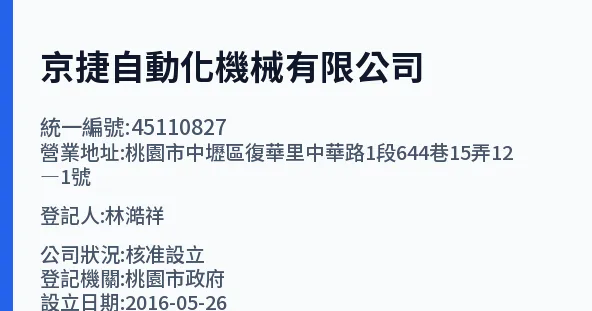 京捷自動化機械有限公司的照片-統編 45110827(桃園市) 公司登記資料與營業項目詳細圖表