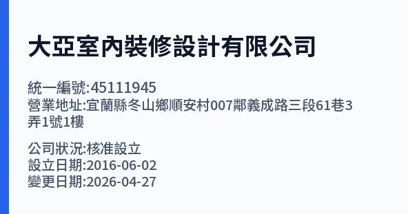 大亞室內裝修設計有限公司的照片-統編 45111945(宜蘭縣) 公司登記資料與營業項目詳細圖表