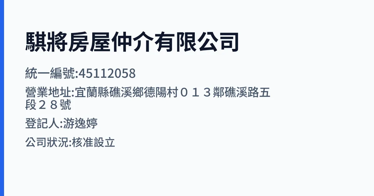 騏將房屋仲介有限公司 - 統編 45112058(宜蘭縣) 公司登記資料與營業項目詳細圖表
