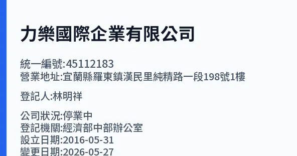 力樂國際企業有限公司的照片-統編 45112183(宜蘭縣) 公司登記資料與營業項目詳細圖表