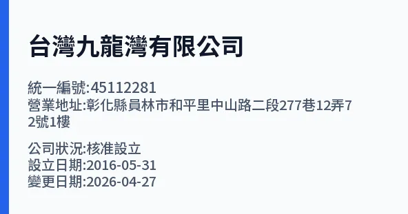 台灣九龍灣有限公司的照片-統編 45112281(彰化縣) 公司登記資料與營業項目詳細圖表