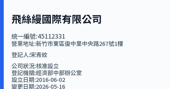 飛絲縵國際有限公司的照片-統編 45112331(新竹市) 公司登記資料與營業項目詳細圖表