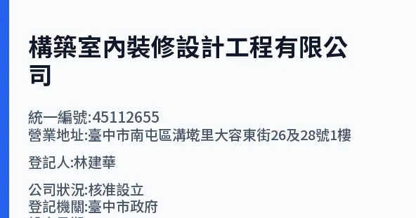 構築室內裝修設計工程有限公司的照片-統編 45112655(臺中市) 公司登記資料與營業項目詳細圖表