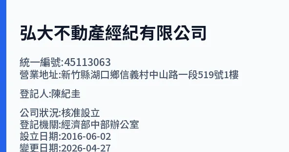 弘大不動產經紀有限公司的照片-統編 45113063(新竹縣) 公司登記資料與營業項目詳細圖表