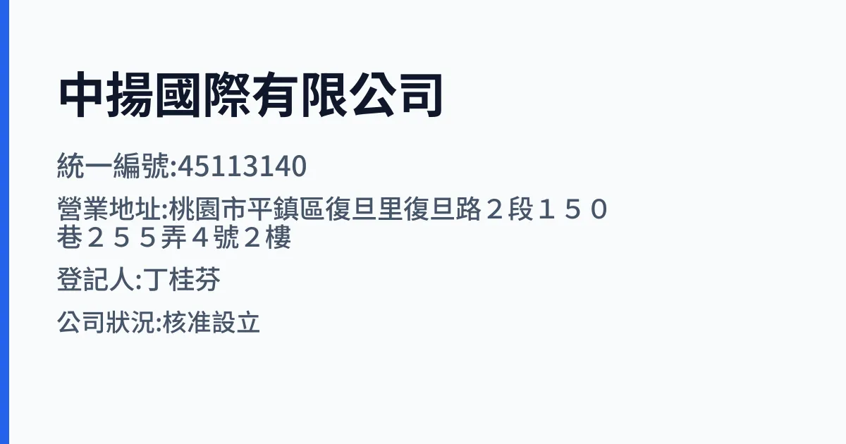 中揚國際有限公司 - 統編 45113140(桃園市) 公司登記資料與營業項目詳細圖表