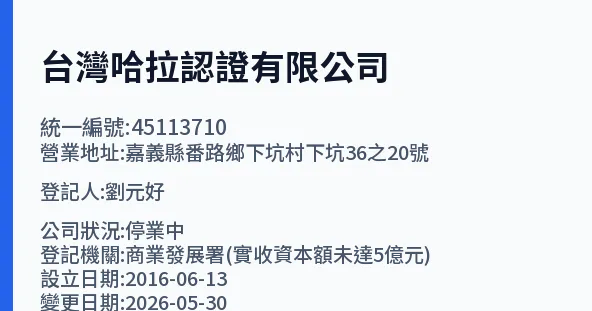台灣哈拉認證有限公司的照片-統編 45113710(嘉義縣) 公司登記資料與營業項目詳細圖表