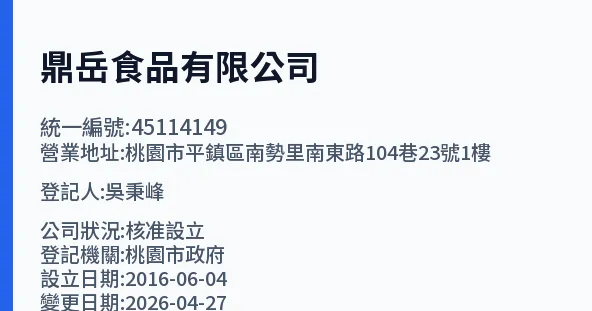 鼎岳食品有限公司的照片-統編 45114149(桃園市) 公司登記資料與營業項目詳細圖表