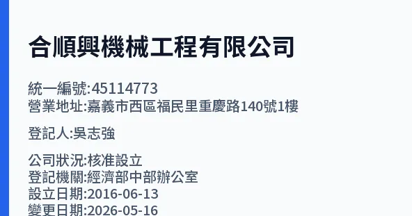 合順興機械工程有限公司的照片-統編 45114773(嘉義市) 公司登記資料與營業項目詳細圖表