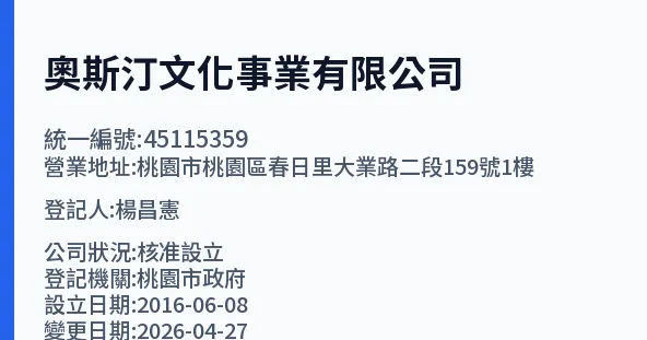 奧斯汀文化事業有限公司的照片-統編 45115359(桃園市) 公司登記資料與營業項目詳細圖表