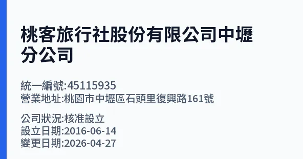 桃客旅行社股份有限公司中壢分公司的照片-統編 45115935(桃園市) 公司登記資料與營業項目詳細圖表