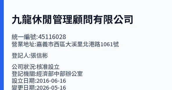 九龍休閒管理顧問有限公司的照片-統編 45116028(嘉義市) 公司登記資料與營業項目詳細圖表