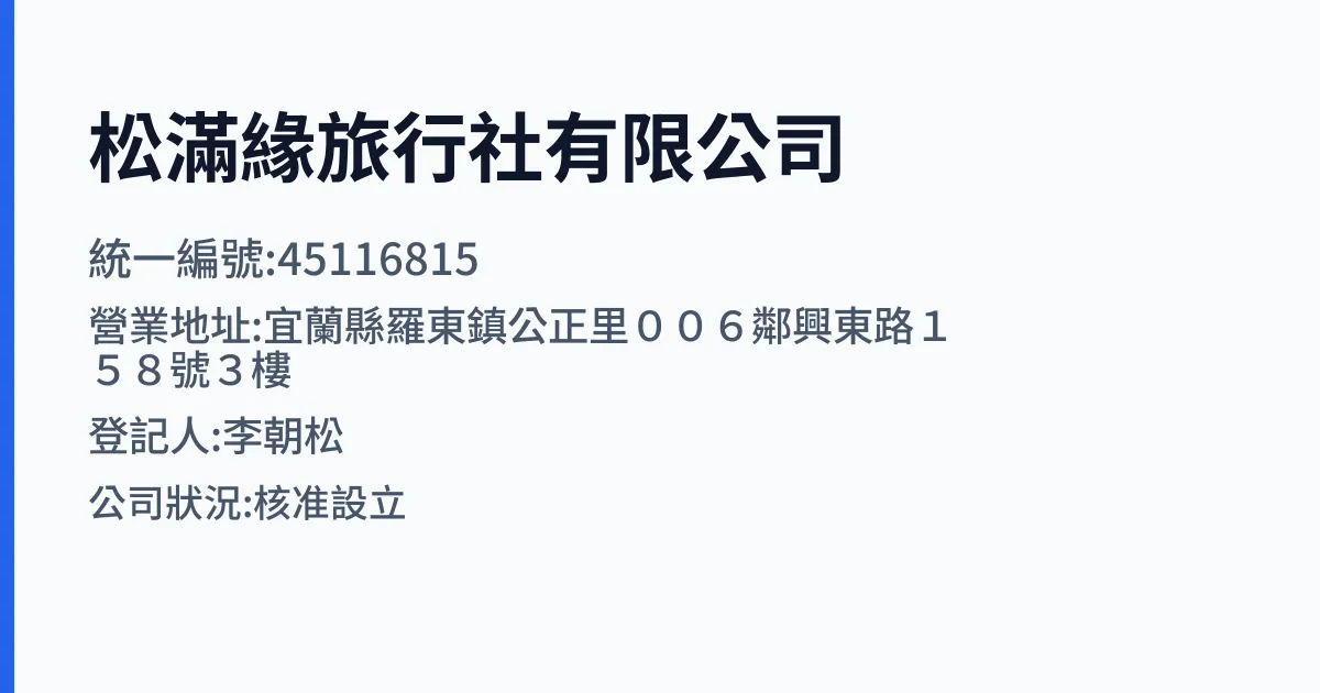 松滿緣旅行社有限公司 - 統編 45116815(宜蘭縣) 公司登記資料與營業項目詳細圖表
