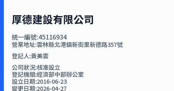 厚德建設有限公司的照片-統編 45116934(雲林縣) 公司登記資料與營業項目詳細圖表
