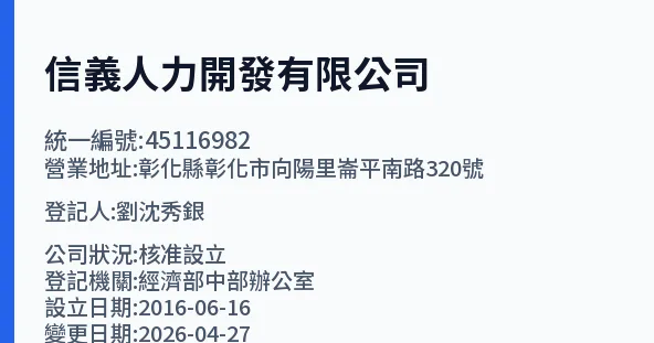 信義人力開發有限公司的照片-統編 45116982(彰化縣) 公司登記資料與營業項目詳細圖表
