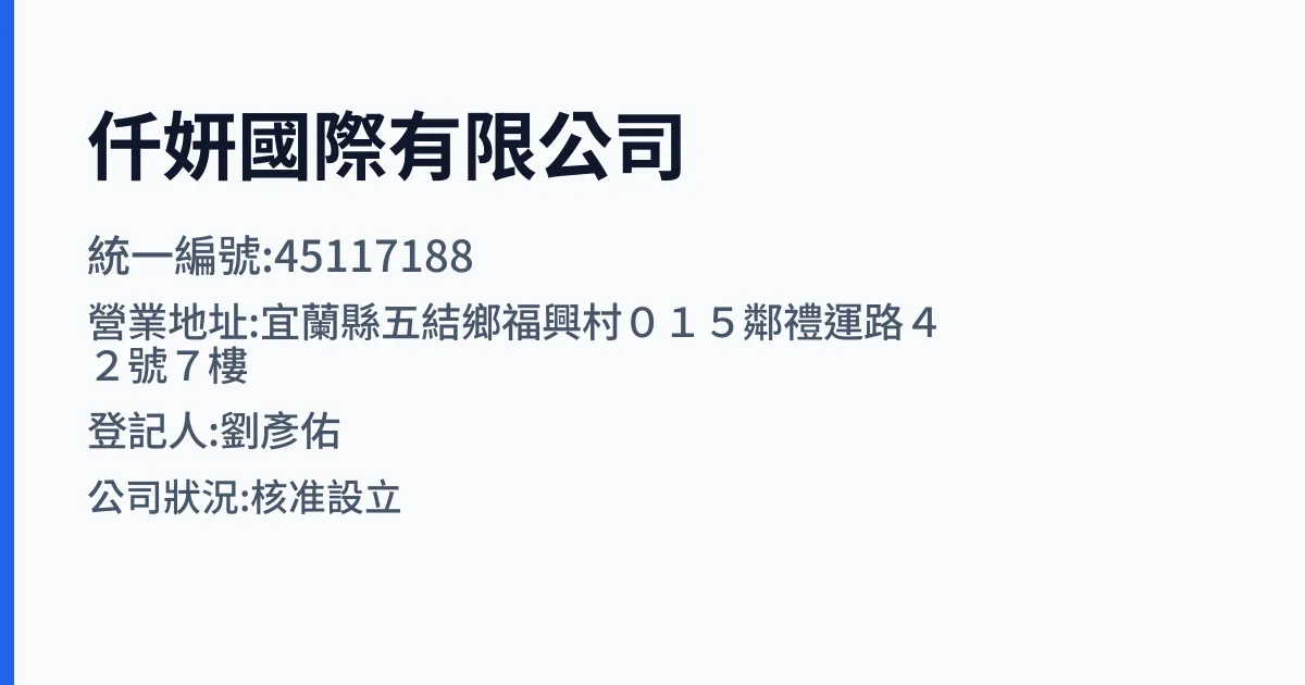 仟妍國際有限公司 - 統編 45117188(宜蘭縣) 公司登記資料與營業項目詳細圖表