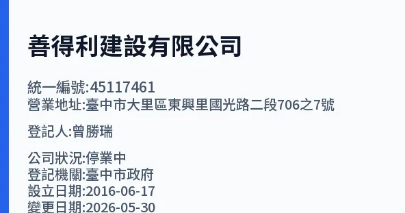 善得利建設有限公司的照片-統編 45117461(臺中市) 公司登記資料與營業項目詳細圖表