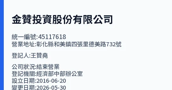 金贊投資股份有限公司的照片-統編 45117618(彰化縣) 公司登記資料與營業項目詳細圖表