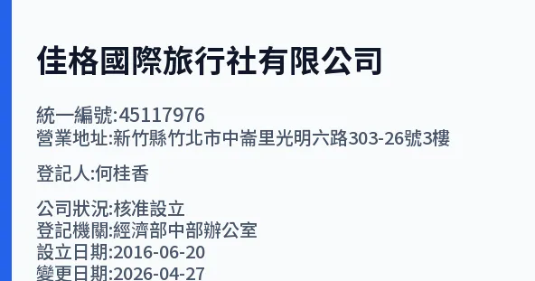 佳格國際旅行社有限公司的照片-統編 45117976(新竹縣) 公司登記資料與營業項目詳細圖表