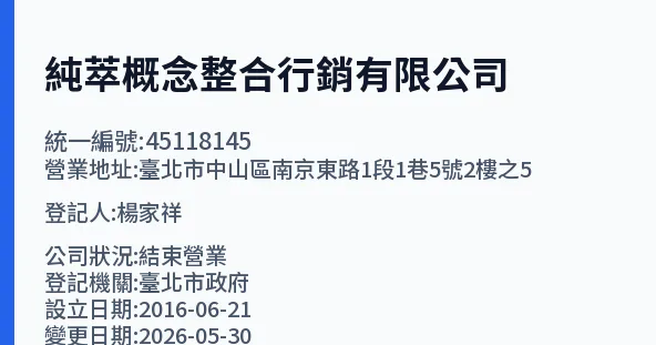 純萃概念整合行銷有限公司的照片-統編 45118145(臺北市) 公司登記資料與營業項目詳細圖表