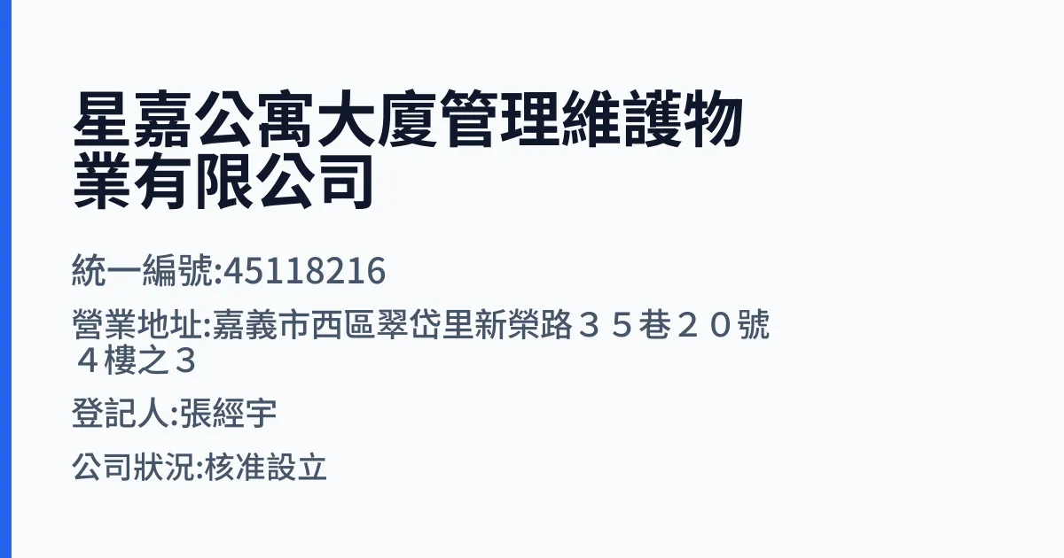 星嘉公寓大廈管理維護物業有限公司 - 統編 45118216(嘉義市) 公司登記資料與營業項目詳細圖表