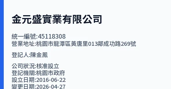 金元盛實業有限公司的照片-統編 45118308(桃園市) 公司登記資料與營業項目詳細圖表