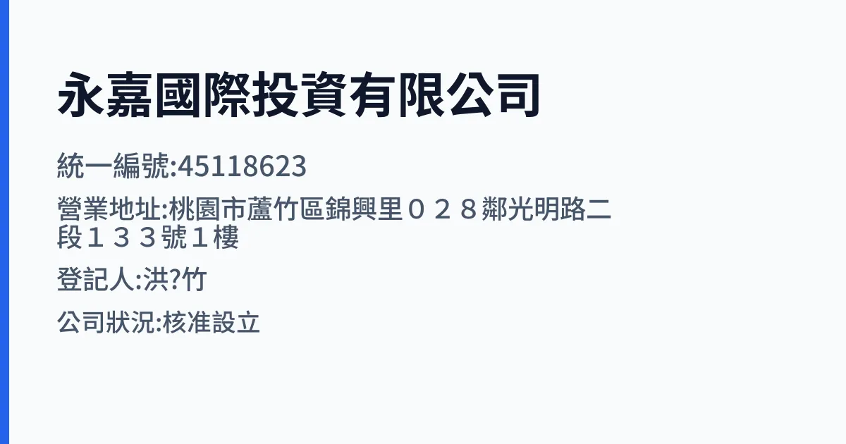 永嘉國際投資有限公司 - 統編 45118623(桃園市) 公司登記資料與營業項目詳細圖表