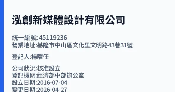 泓創新媒體設計有限公司的照片-統編 45119236(基隆市) 公司登記資料與營業項目詳細圖表