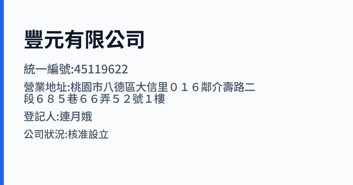 豐元有限公司 - 統編 45119622(桃園市) 公司登記資料與營業項目詳細圖表